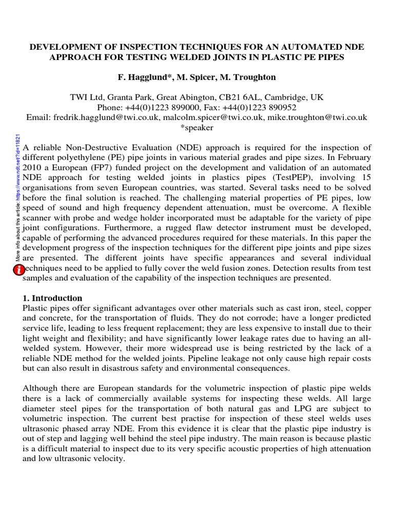 Automated NDE Techniques for Plastic Pipes | PDF | Nondestructive ...