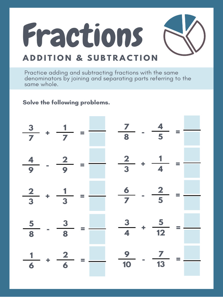 Adding Fractions Worksheet in Blue Simple Style | PDF