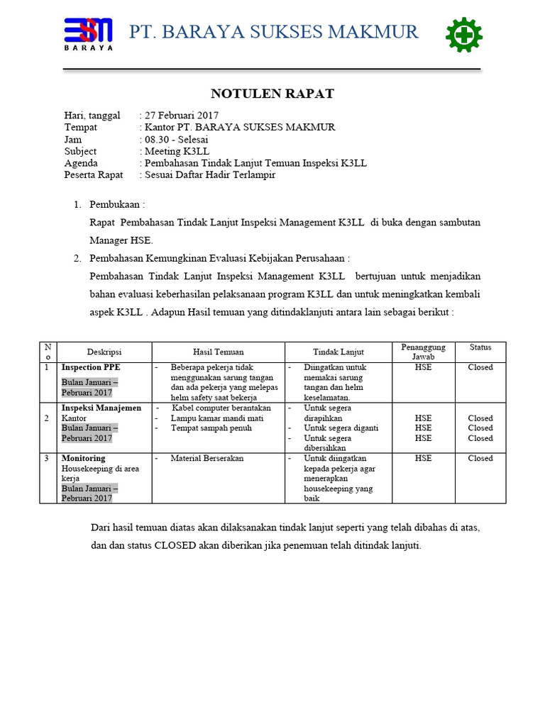 Notulen Rapat K3LL PT Baraya Sukses Makmur | PDF
