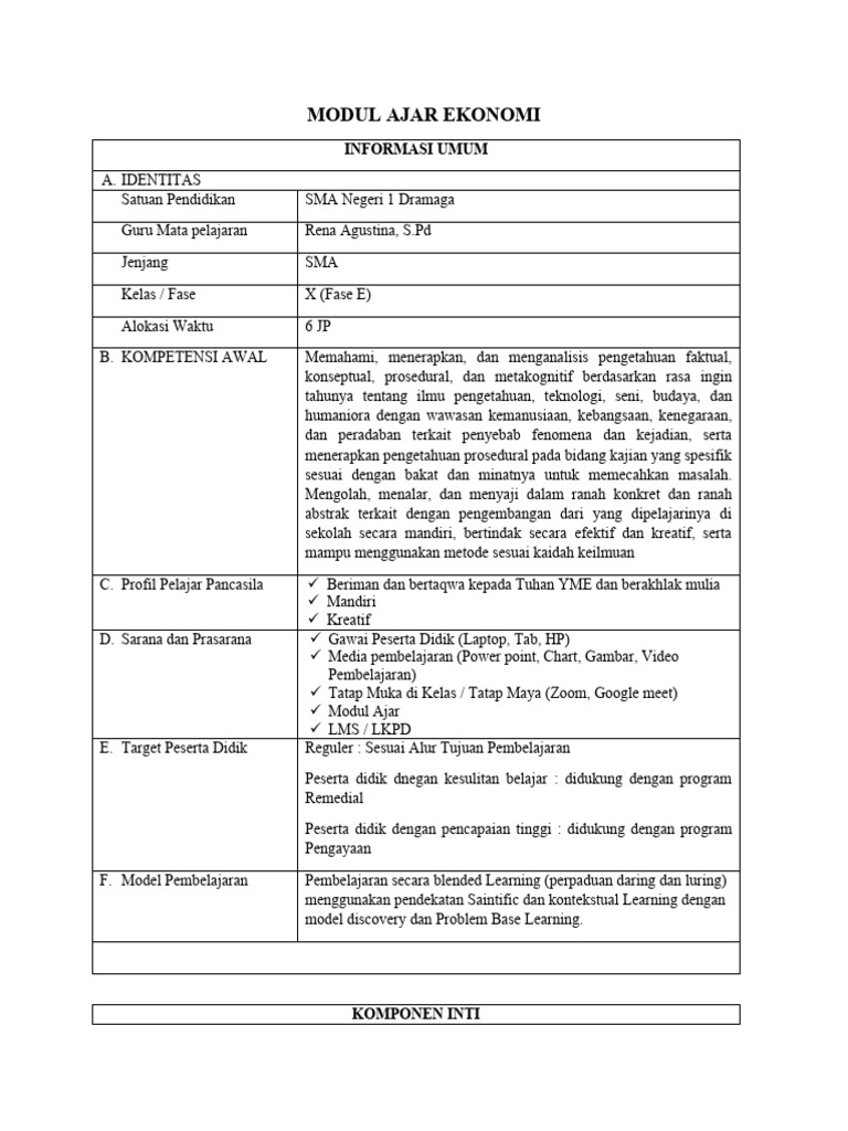 Modul Ajar Ekonomi Kelas X (SSK) | PDF