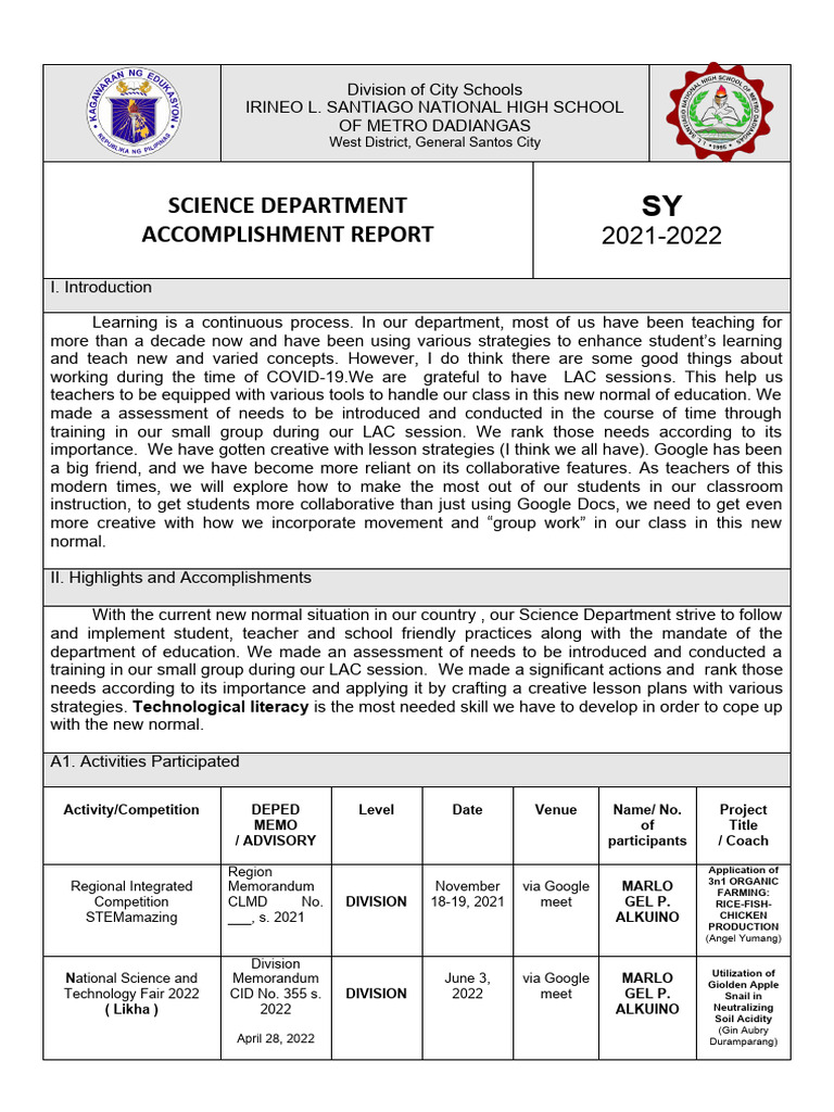 Science - Ste Accomplishment Report Sy 2021-2022 | PDF | Science ...