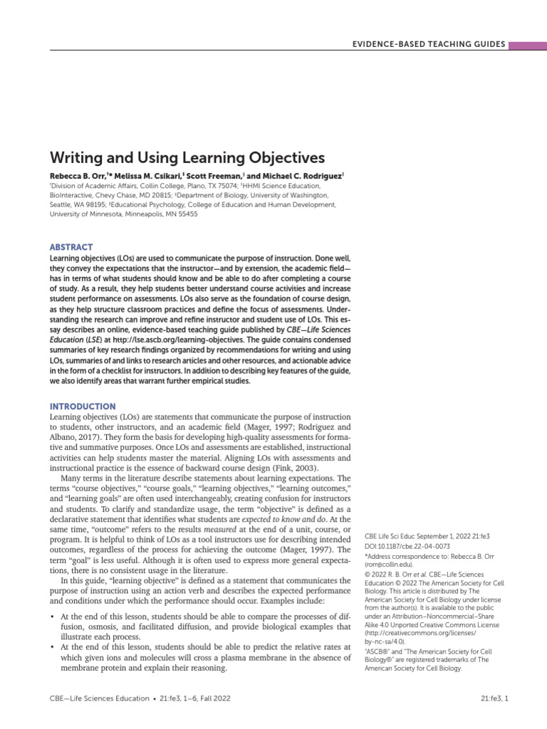orr-et-al-2022-writing-and-using-learning-objectives | PDF | Learning | Educational Assessment