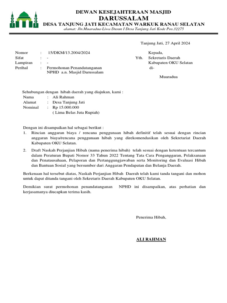 Contoh SURAT PERMINTAAN TTD NPHD DAN RAB | PDF