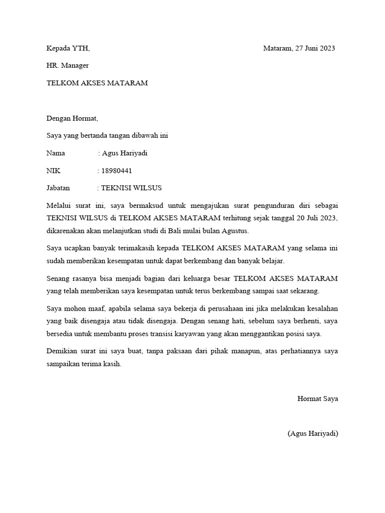 Surat Resign Kerja | PDF