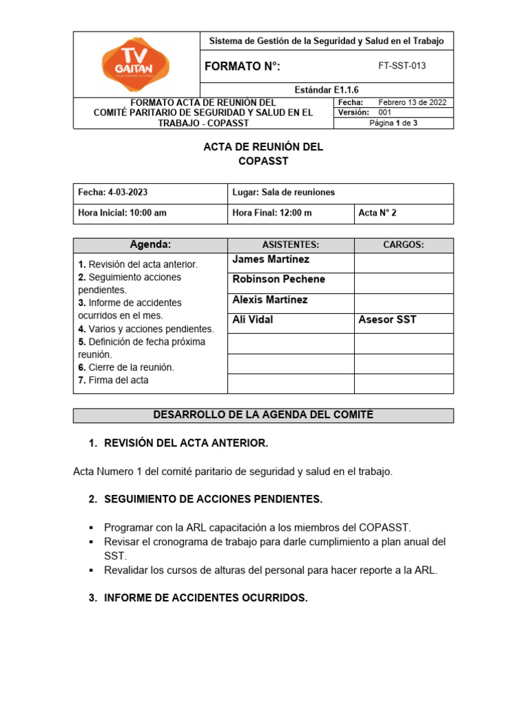 FT-SST-013 Formato de Acta de Reunión Del COPASST 02 | PDF | Finanzas y administración del dinero