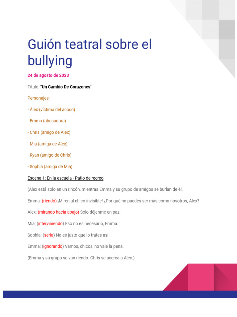 Guión Teatral Sobre El Bullying | PDF