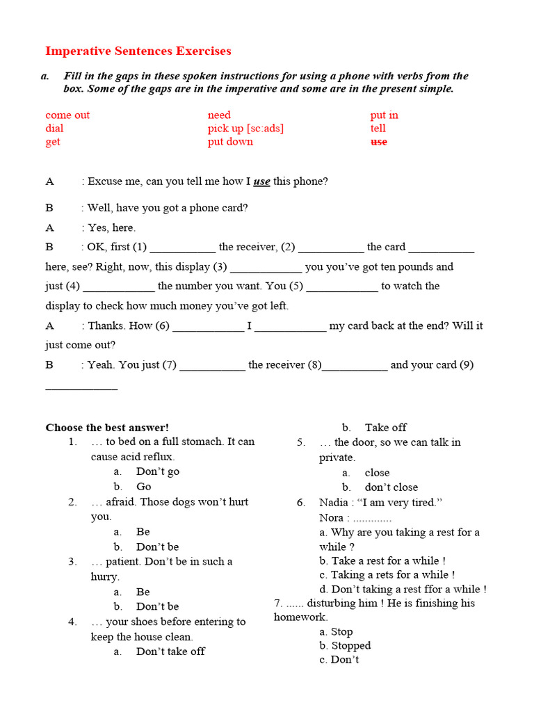 Imperative Sentences Exercises | PDF