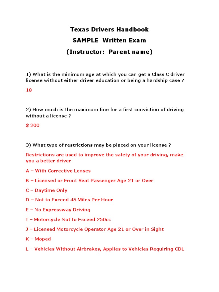 Texas Drivers Handbook Written Exam | PDF | Traffic | Driver's License