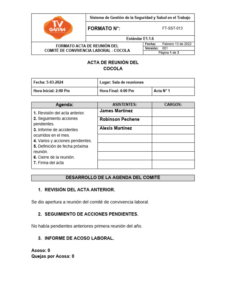 FT-SST-013 Formato de Acta de Reunión Del COCOLA 01 | PDF