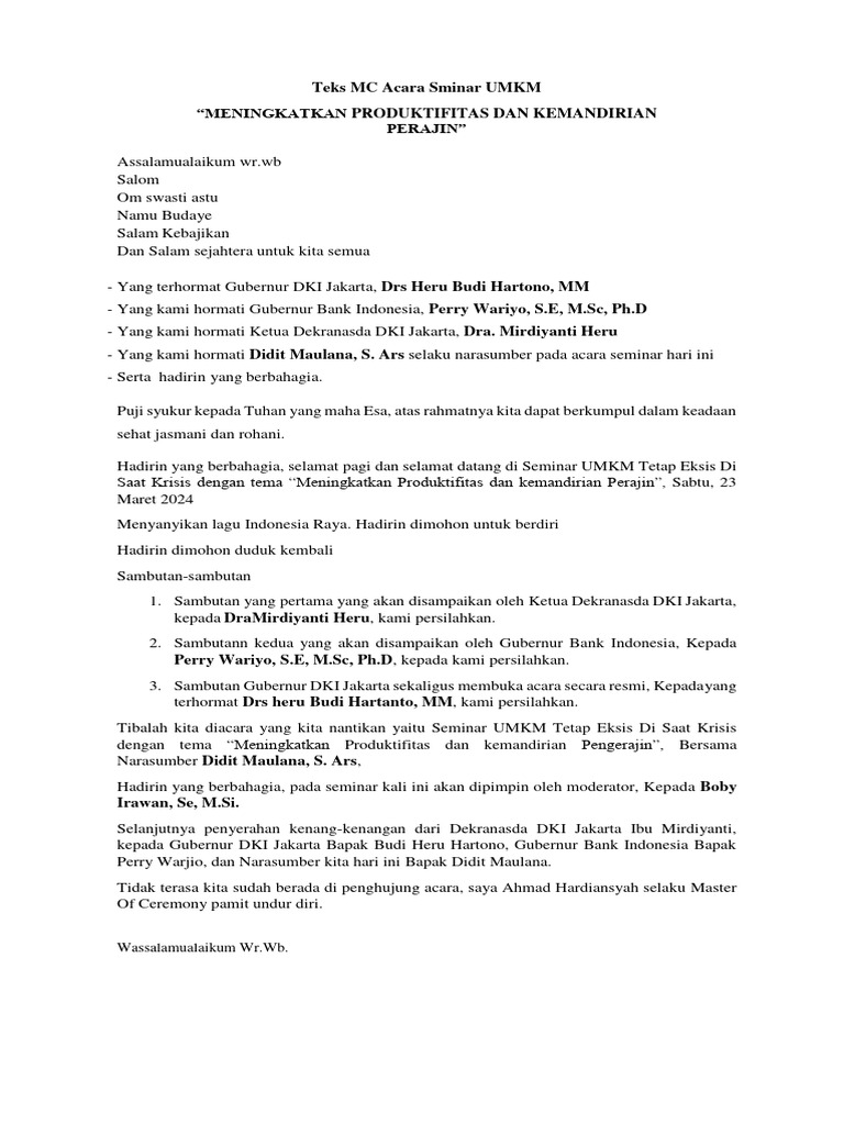 Teks MC Acara Seminar UMKM | PDF