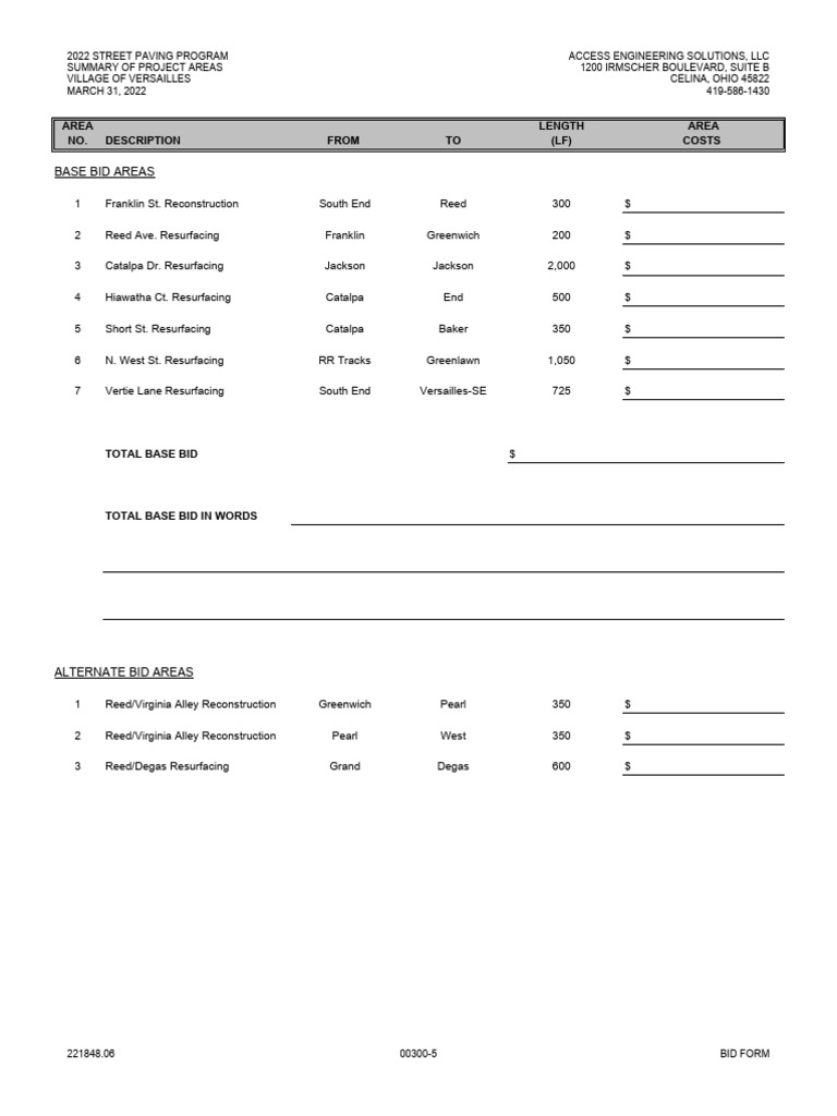 Revised Bid Form-Versailles-2022 Street Program | PDF | Road Surface ...