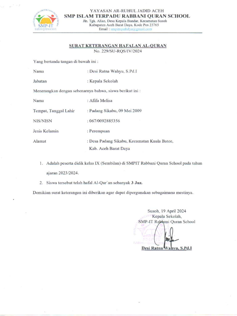 Surat Keterangan Hafalan Qur'an | PDF