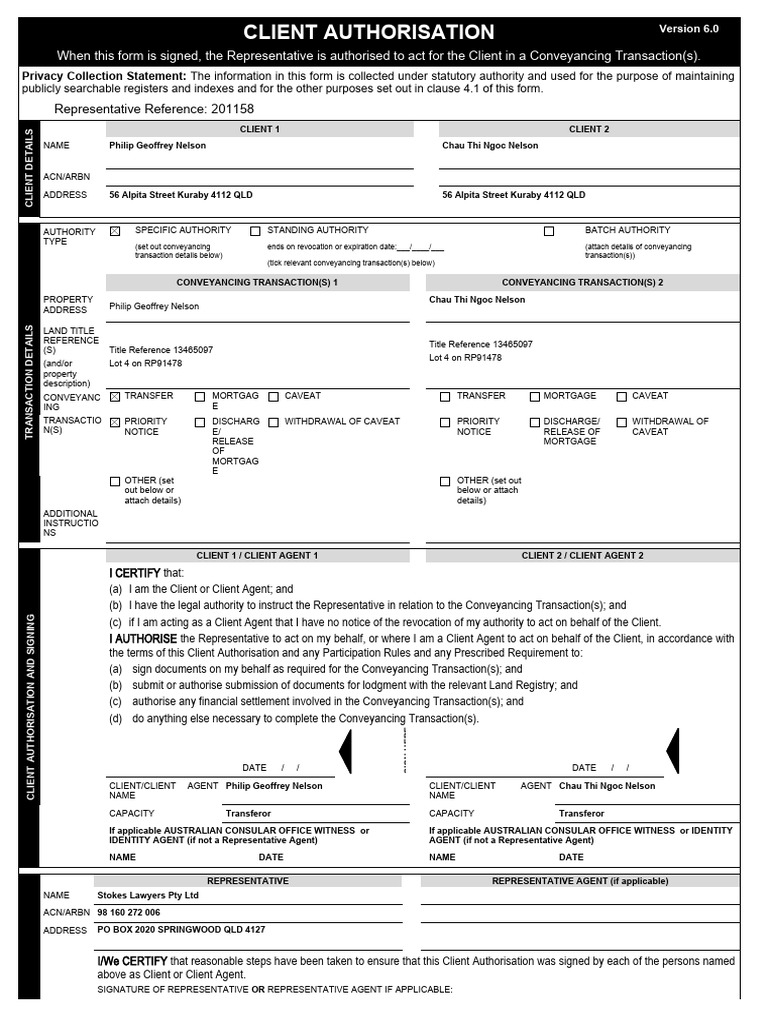 201158-Client Authorisation VOI | PDF | Conveyancing | Common Law