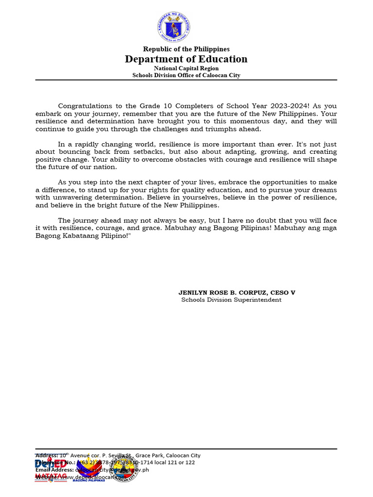 Grade 10 Completers 2023-2024 Message | PDF