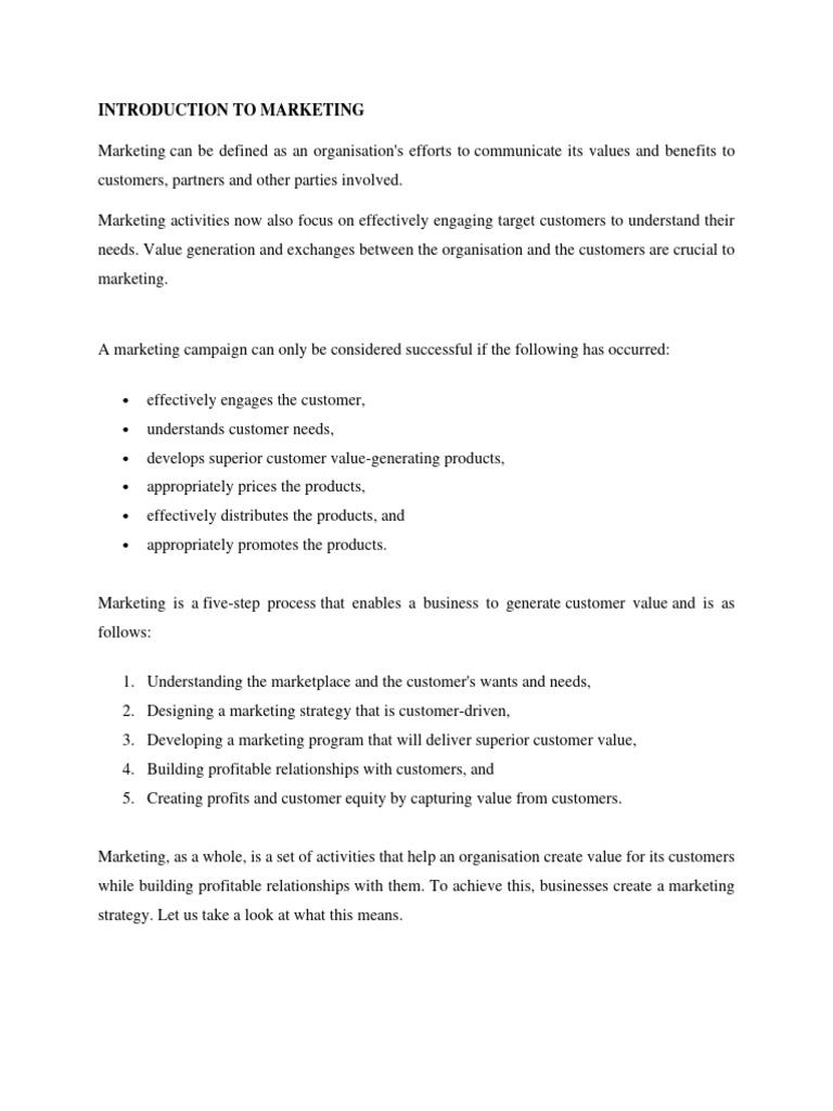Introduction To Marketing | PDF | Marketing | Strategic Management