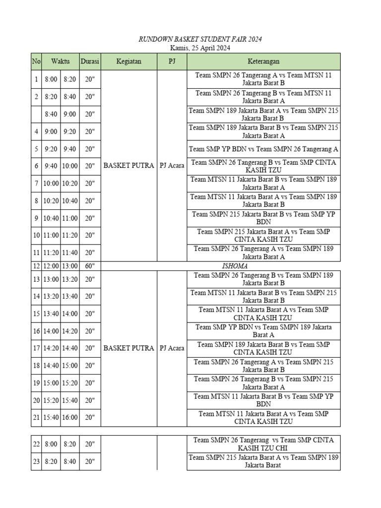 Jadwal Basket Student Fair 2024 | PDF
