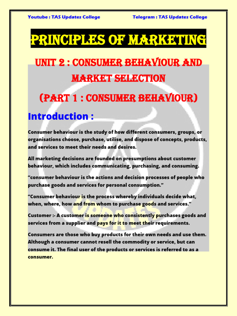 Principles of Marketing Unit 2 Consumer Behaviour and Market Selection ...