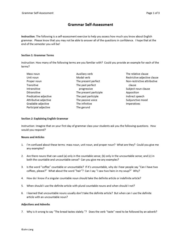 Self-Assessment of Pedagogical Grammar Knowledge | PDF | Adjective | Noun