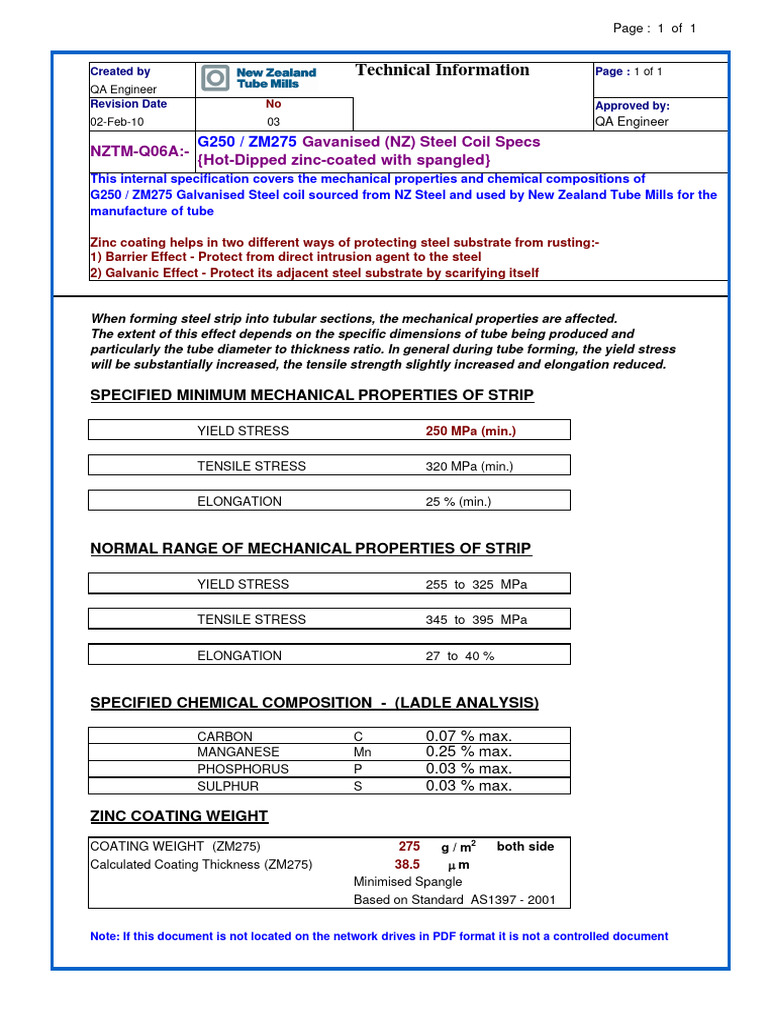 NZTM Q06A G250 ZM275 Gal NZ Steel | PDF | Galvanization | Applied And ...