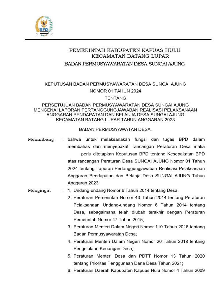 Persetujuan BPD TTG LKPJ Desa Sungai Ajung Tahun 2024 | PDF