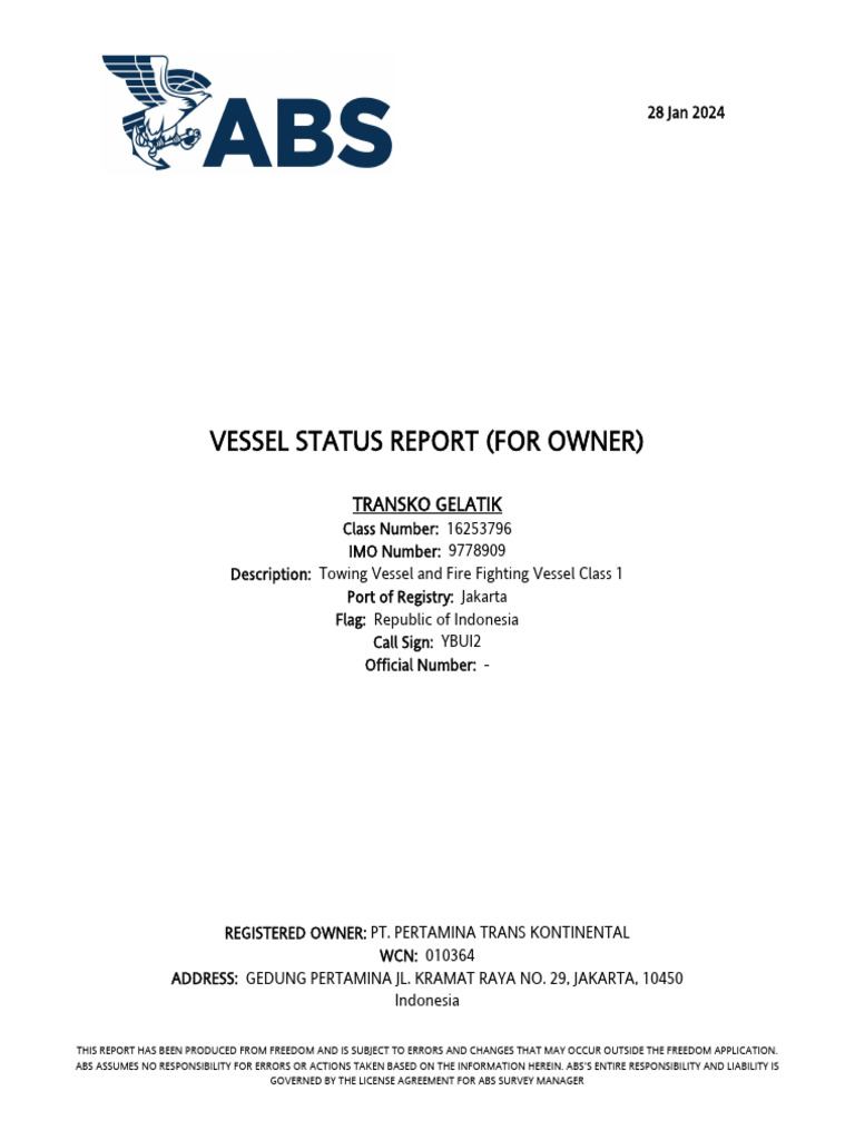 Vessel Status Report: Transko Gelatik | PDF | Tonnage | Watercraft