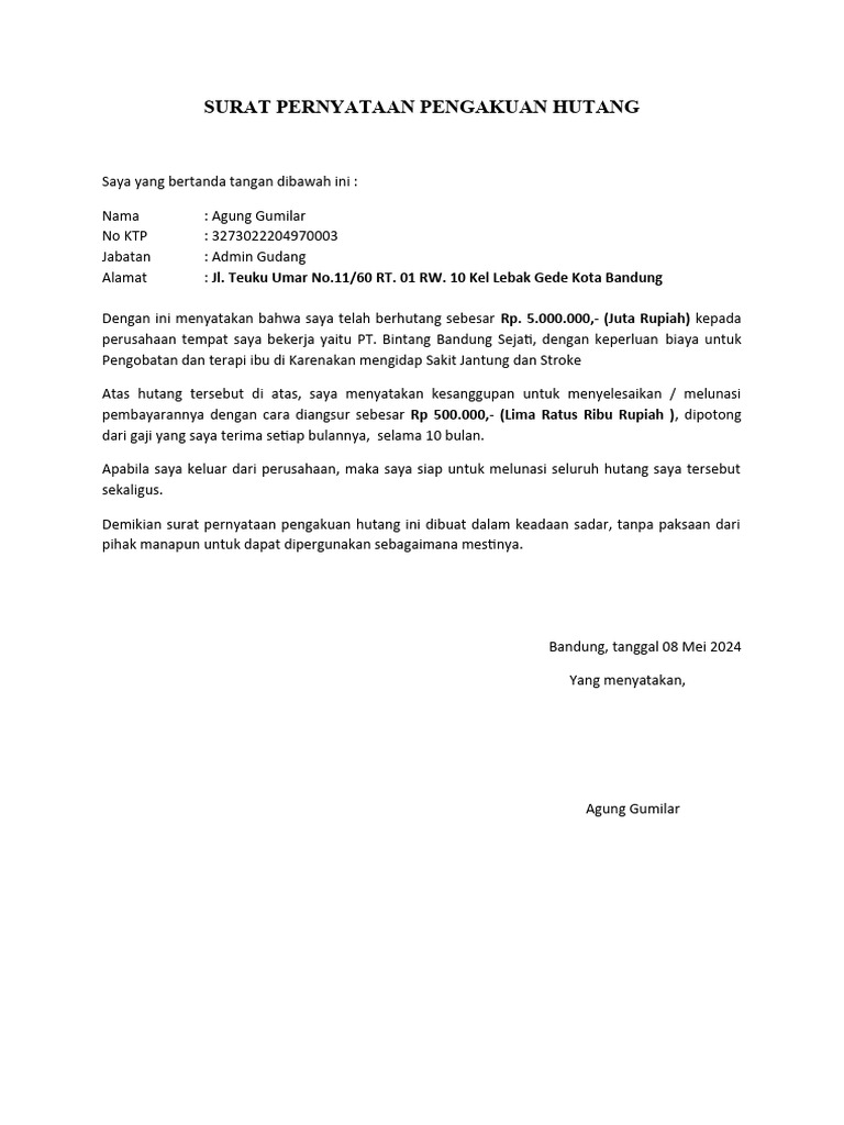 Contoh Surat Pernyataan Pengakuan Hutang | PDF