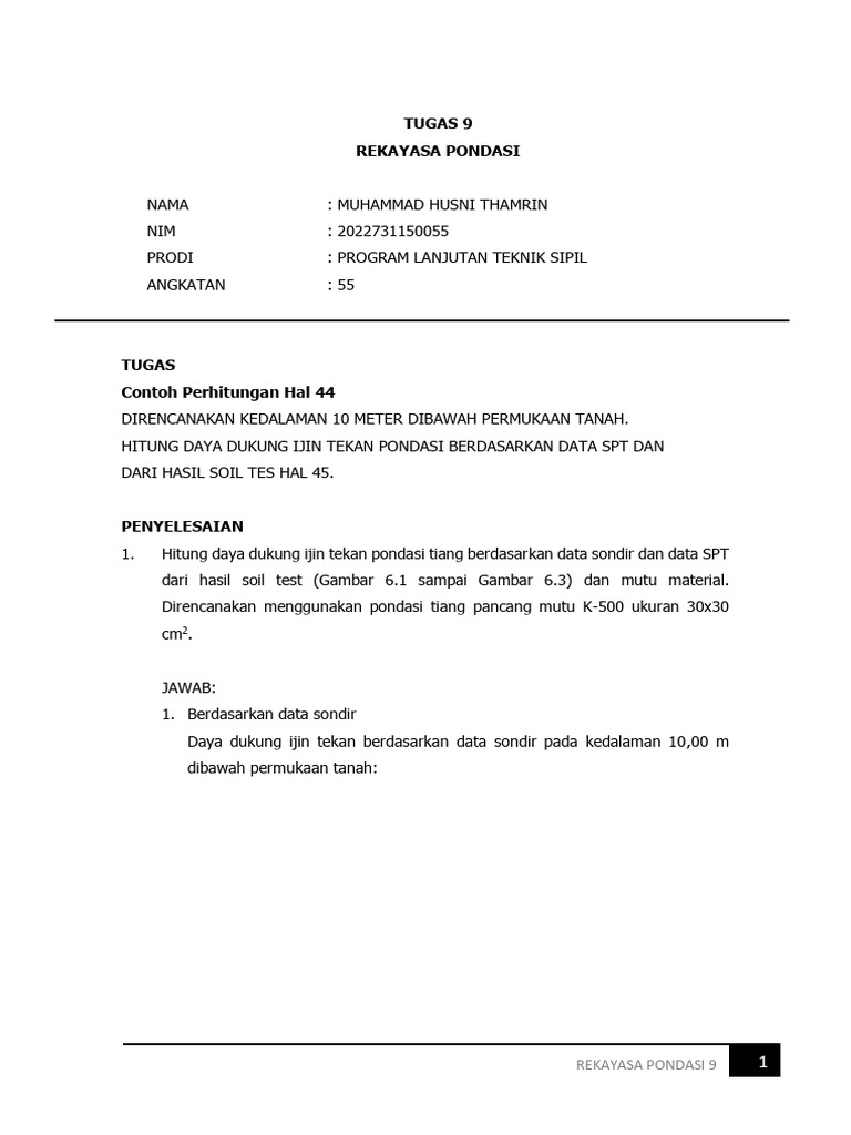 Tugas Rekayasa Pondasi 9 - Muhammad Husni Thamrin-Lanjutan 55 | PDF