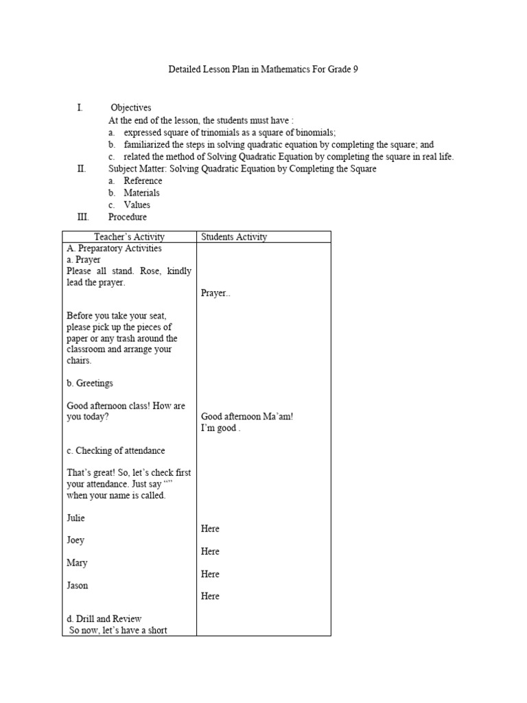 Lesson Plan Solving Quadratic Equation by Completing The Square | PDF ...