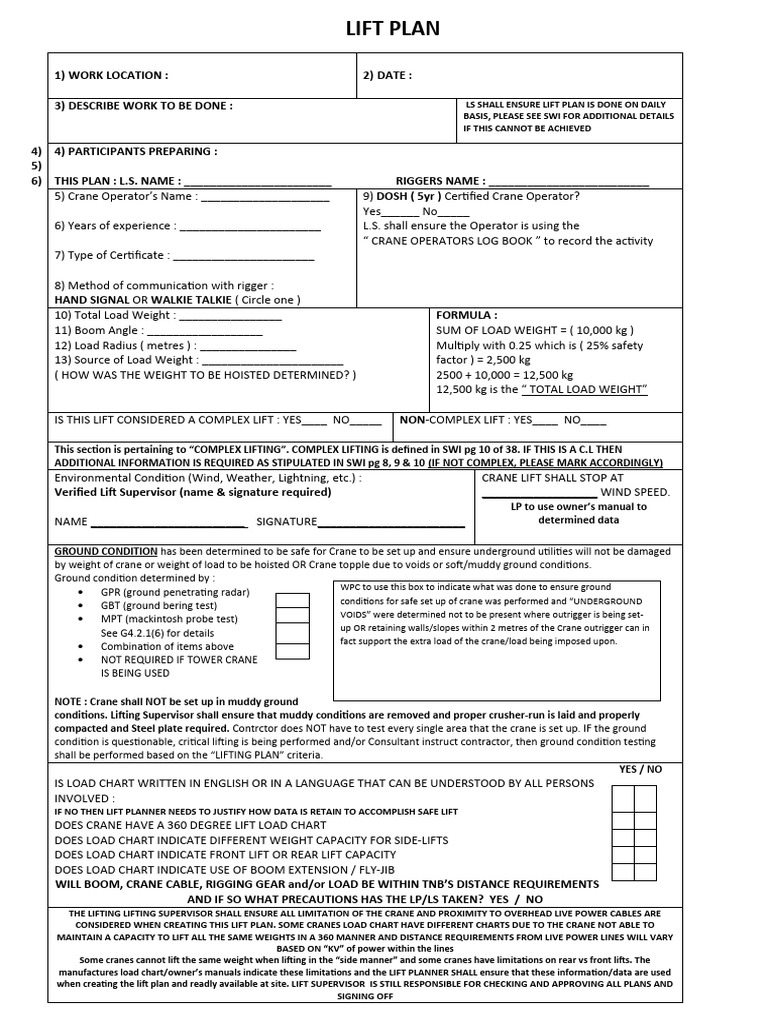 LIFT PLAN Form | Download Free PDF | Crane (Machine) | Elevator