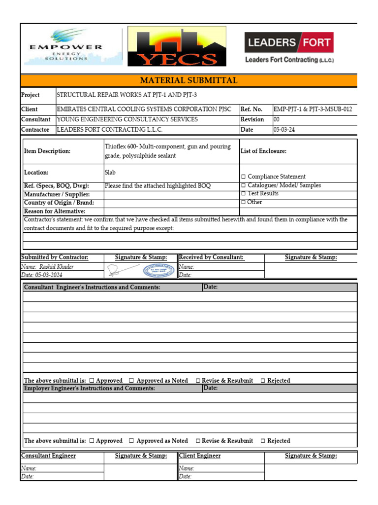 Material Submittal for Sealant | PDF | Concrete | Materials