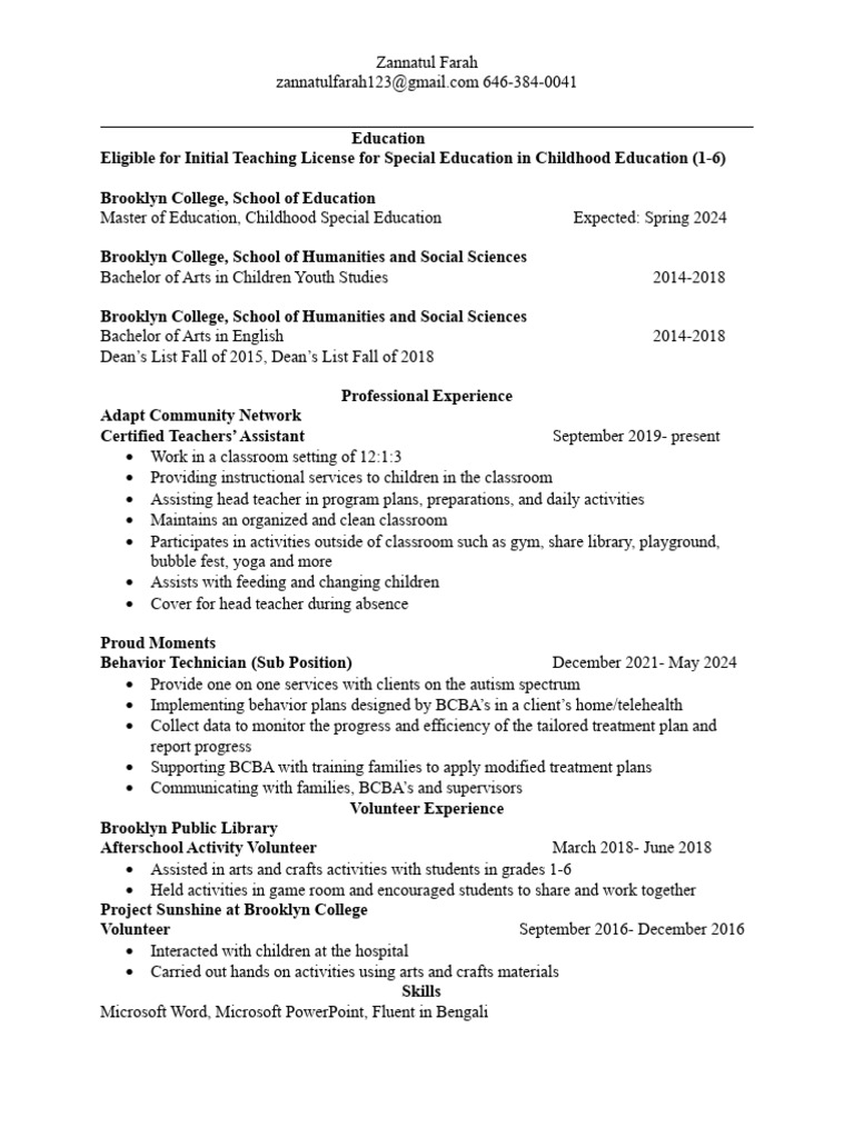 Zannatul Farah - Resume | Download Free PDF | Teachers | Special Education
