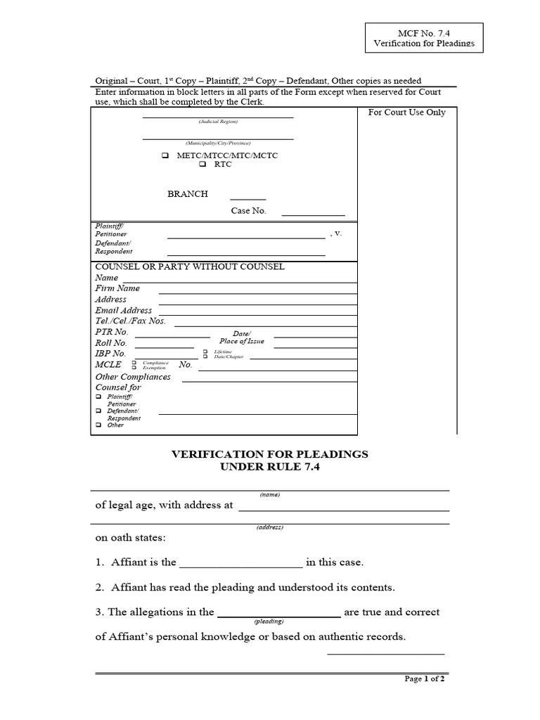 Verification Form for Court Pleadings | PDF | Affidavit | Justice