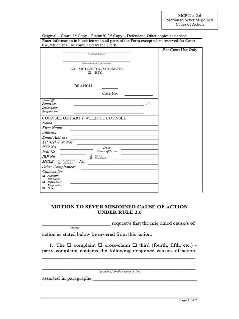 Motion To Sever Misjoined Cause of Action | Download Free PDF | Complaint | Pleading
