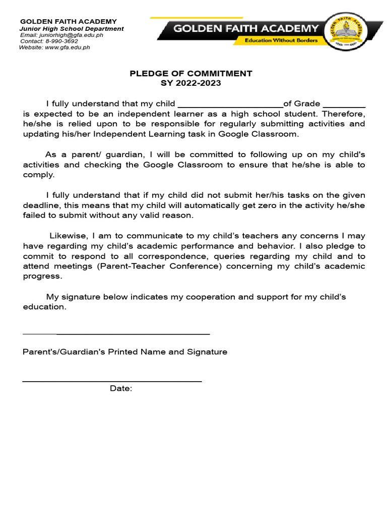 Pledge of Commitment Sy 2022 | PDF