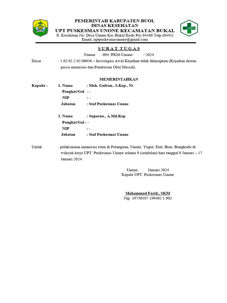 Surat Tugas Pusyandu PKM Unone | PDF