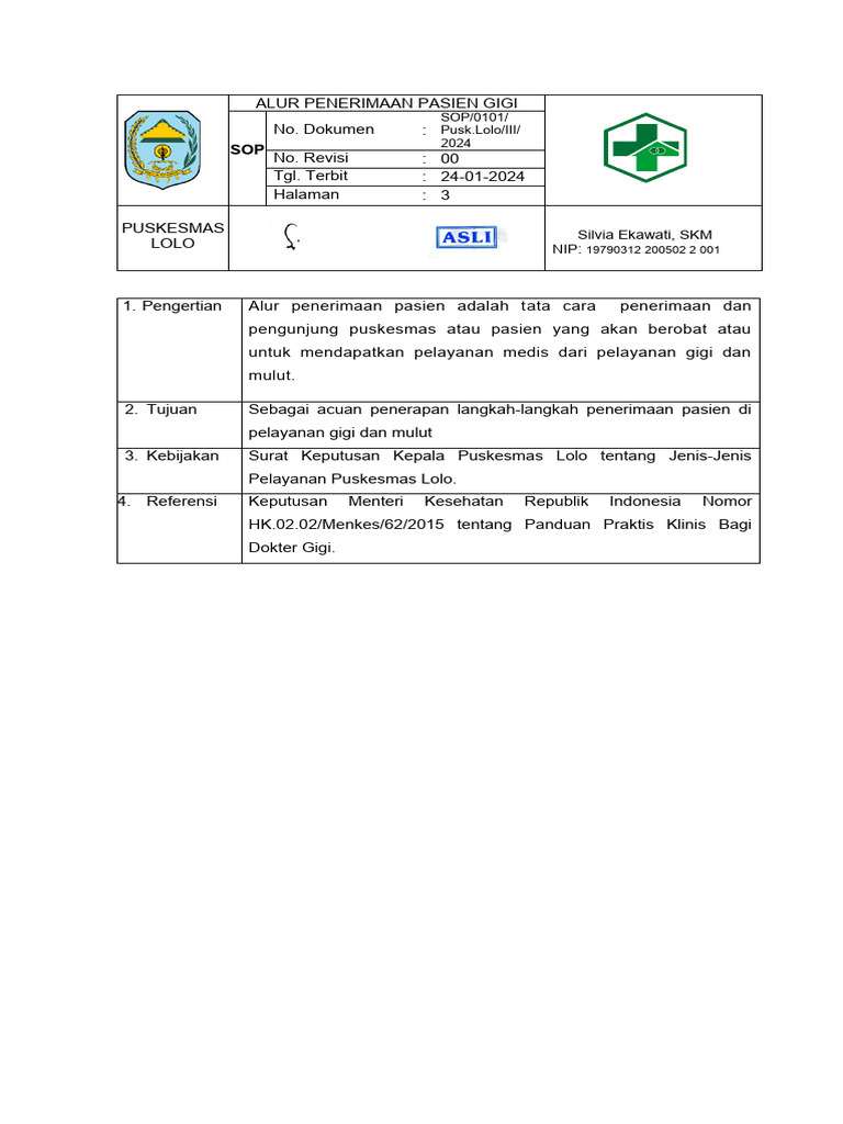 Sop Alur Penerimaan Pasien Gigi | PDF | Hukum | Pengembangan Diri