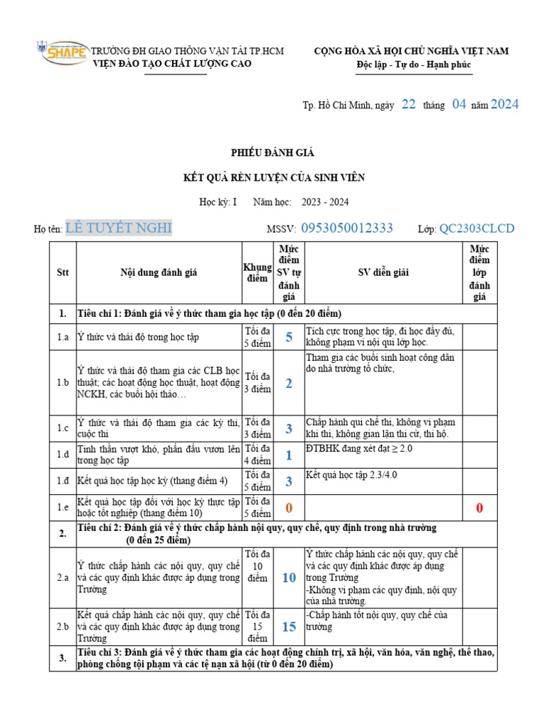 Mau Phieu SV Tu Danh Gia - MSSV - Ten | PDF
