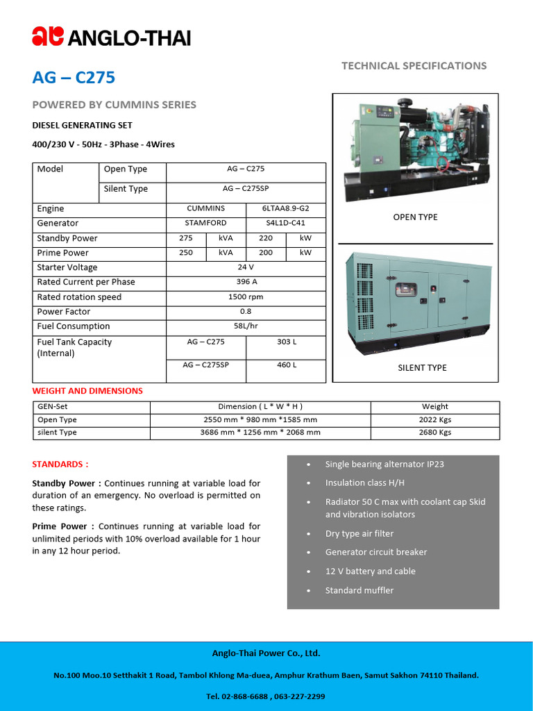 1, Generator, AGC275SP-Specification | PDF | Engines | Internal Combustion Engine