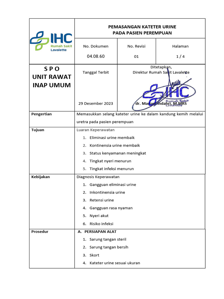 Spo Memasang Kateter Urine Pada Pasien Perempuan-Review | PDF