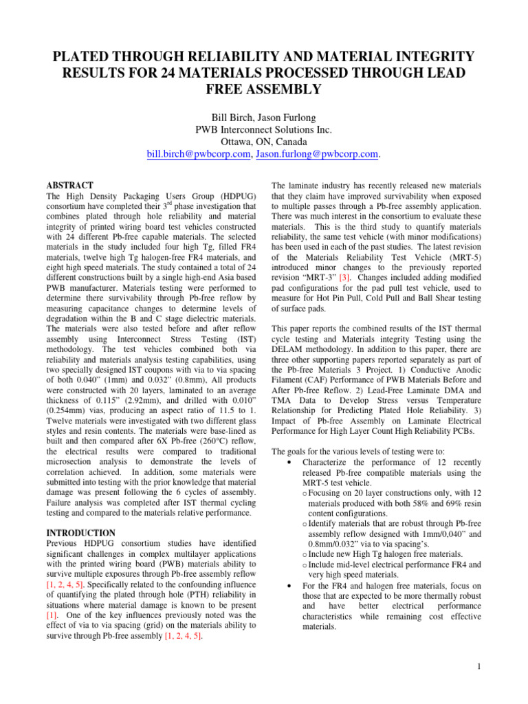 PTH Reliability of 24 Pb-Free Materials | PDF | Printed Circuit Board ...