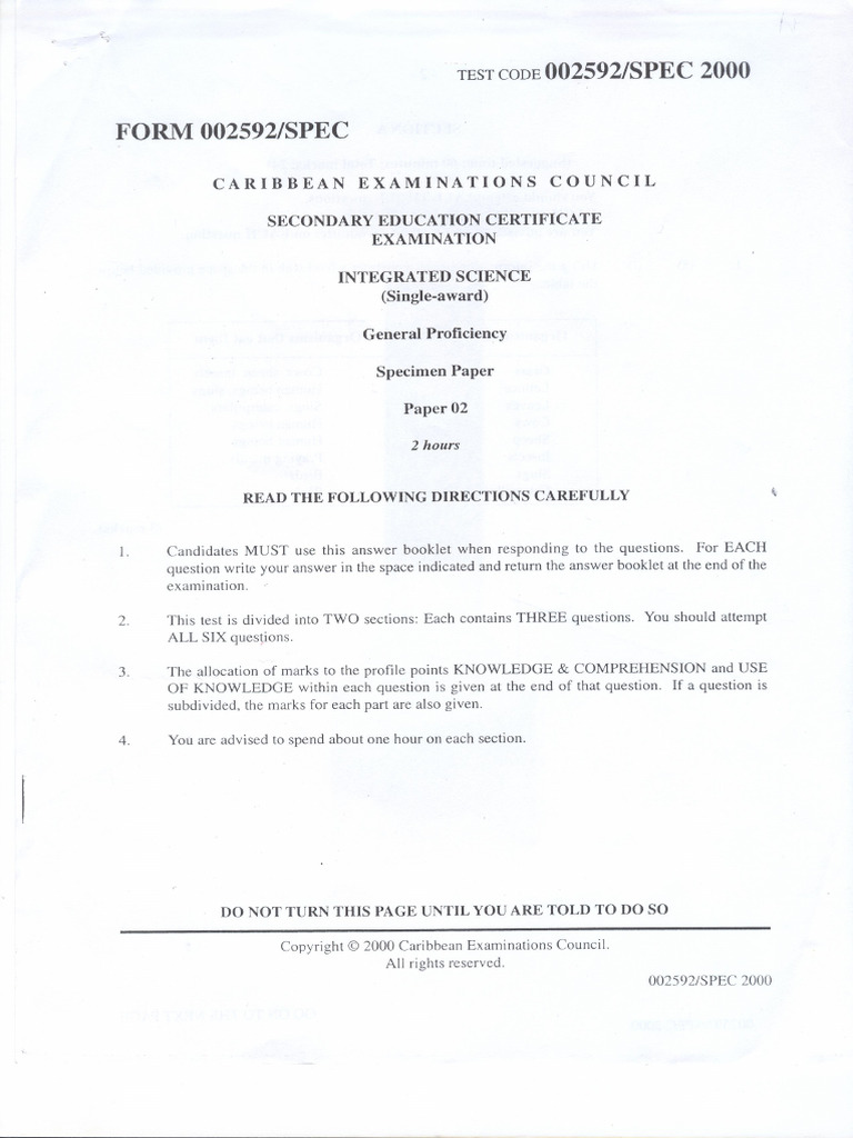 CSEC Integrated Science 2000 Specimen | PDF