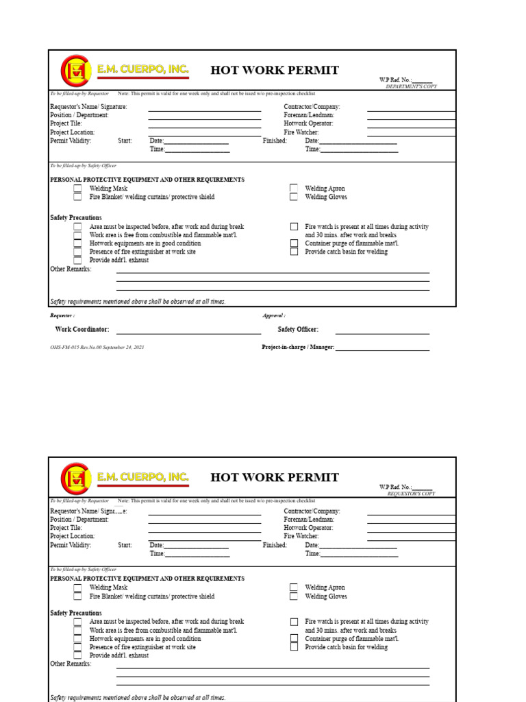 (OHS-FM-015) Hot Work Permit - Final | PDF | Fire Protection | Welding