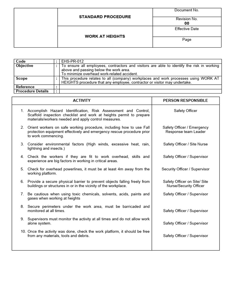 Work at Heights Procedure | PDF | Safety | Security Guard