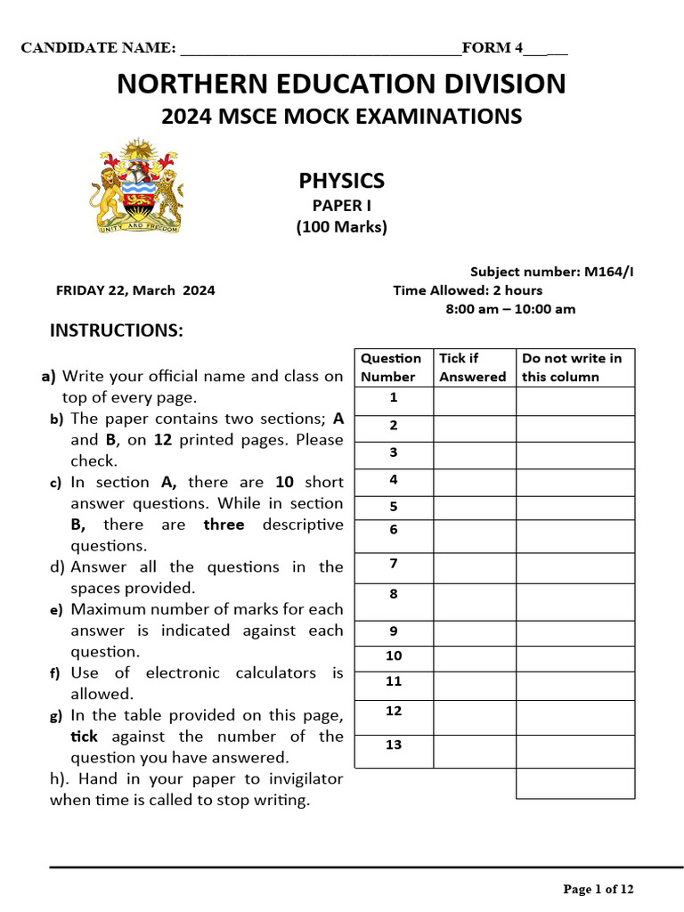 2024 MSCE Physics Mock Exam Paper | PDF | Volume | Velocity