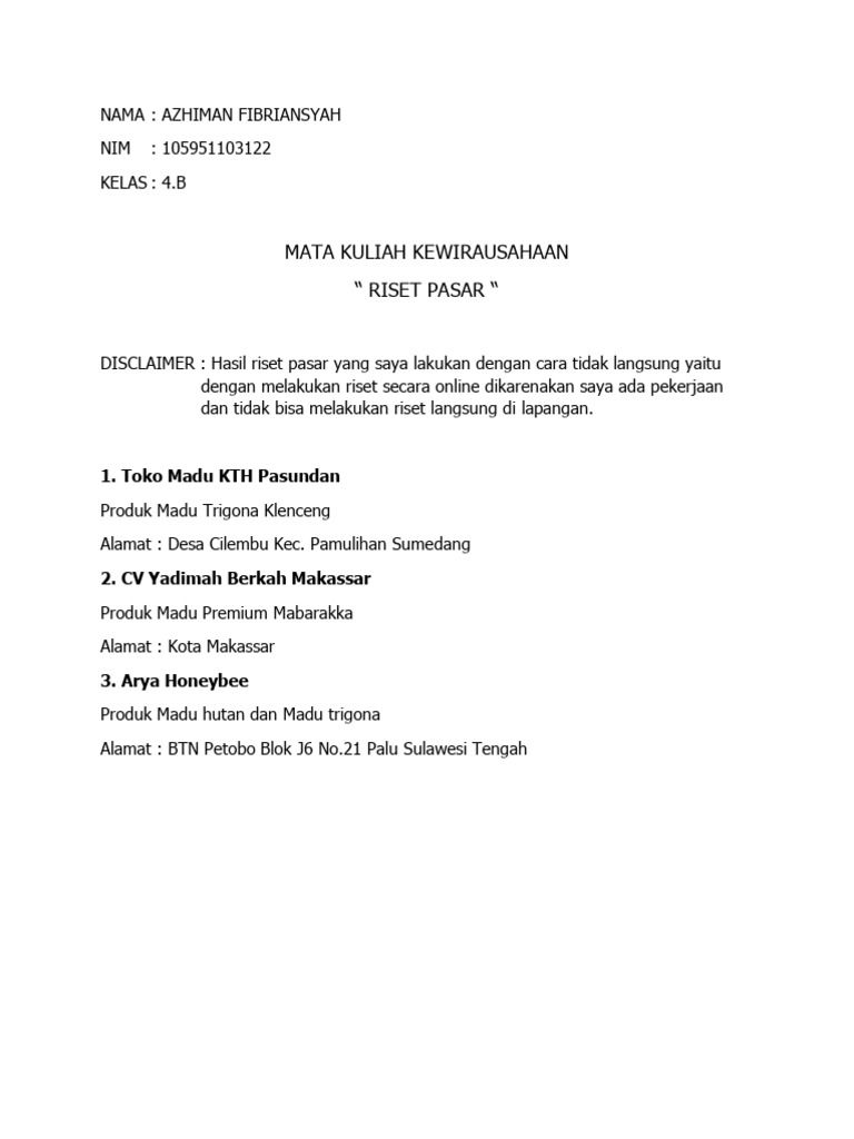 Riset Pasar Madu: Analisis Tiga Usaha | PDF | Memasak, Makanan, & Anggur