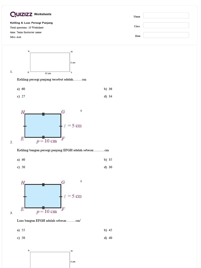 Keliling & Luas Persegi Panjang Quizizz | PDF | Metode & Bahan Ajar | Seni
