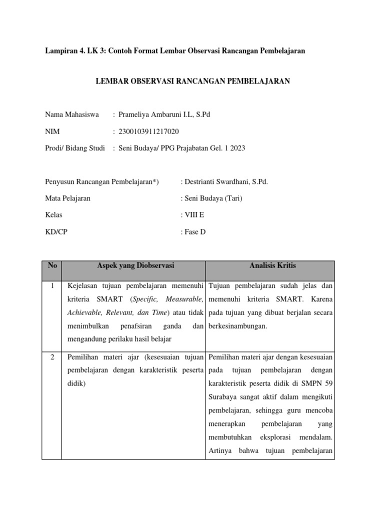 Lembar Observasi Rancangan Pembelajaran Seni | PDF