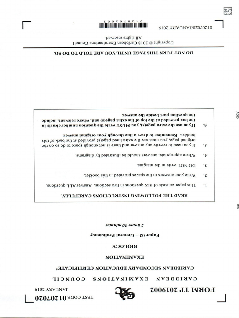 CSEC Biology Jan 2019 Paper 2 | PDF