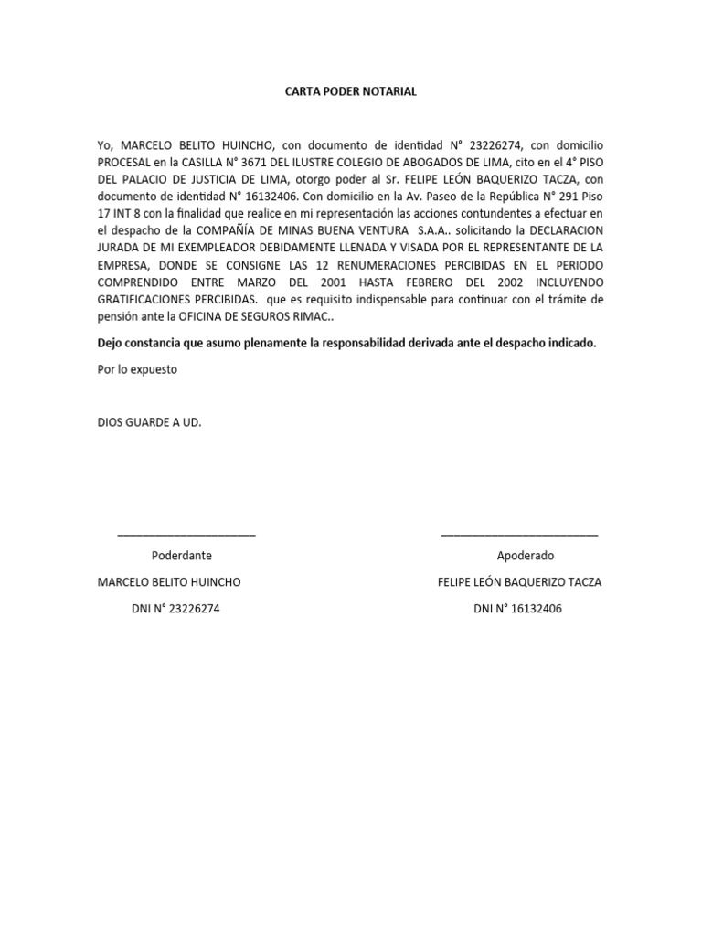 CARTA PODER NOTARIAL | PDF