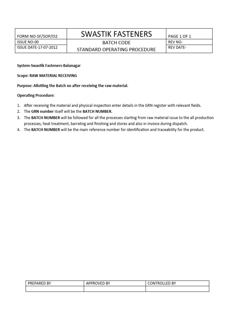 Raw Material Batch Number SOP | PDF | Technology & Engineering